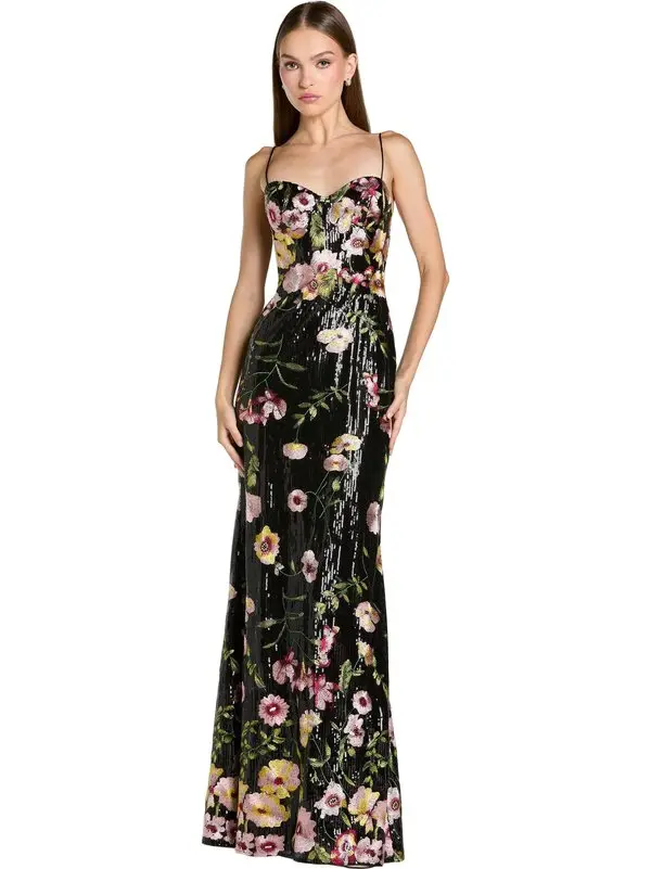 Mac Duggal Sleeveless Bustier Floral Applique Gown - Black