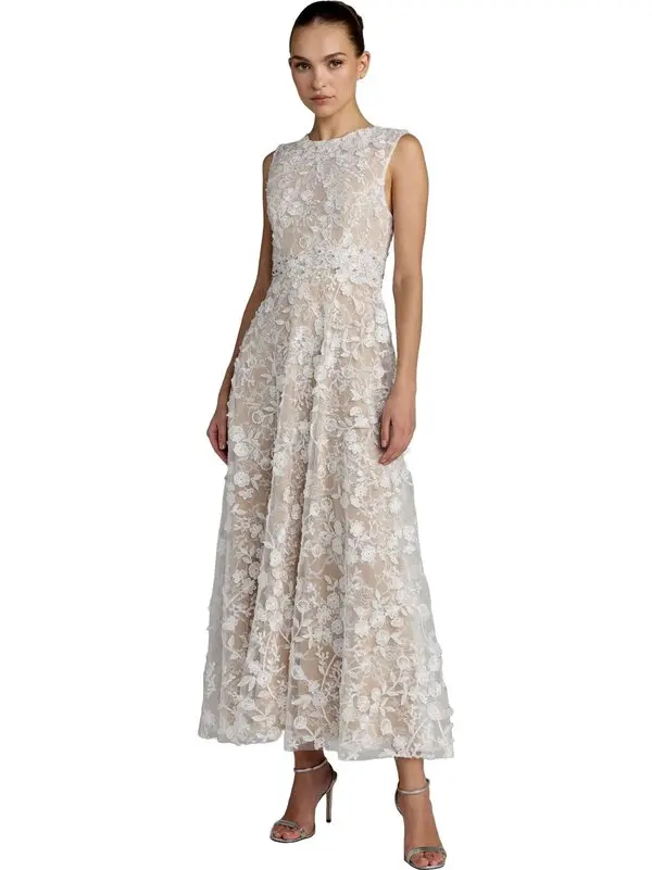 Mac Duggal Floral Embroidered High Neck Midi Dress - White