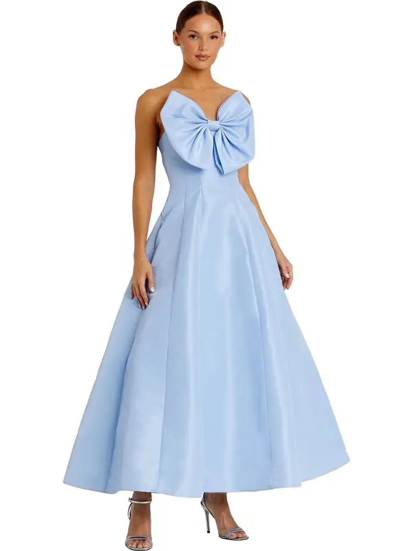 Mac Duggal Strapless A-line Tea Length Bow Dress - Blue