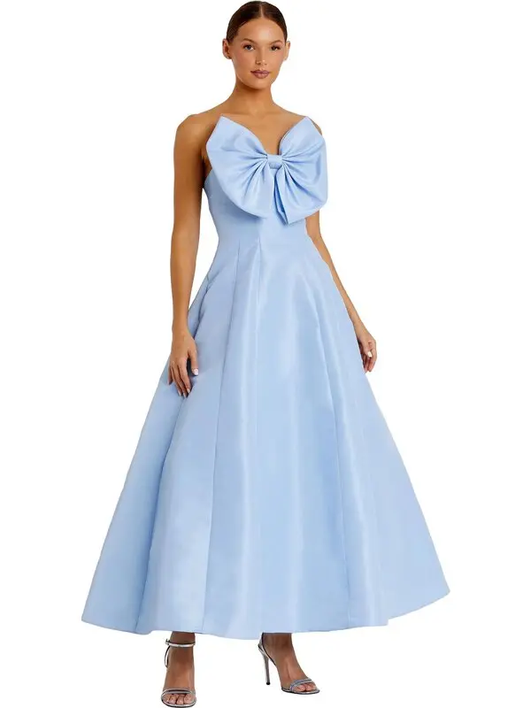 Mac Duggal Strapless A-line Tea Length Bow Dress - Blue
