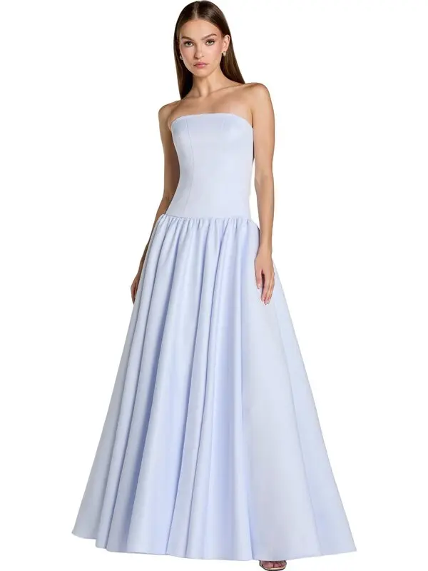 Mac Duggal Strapless Satin Drop Waist Ball Gown - Powder Blue