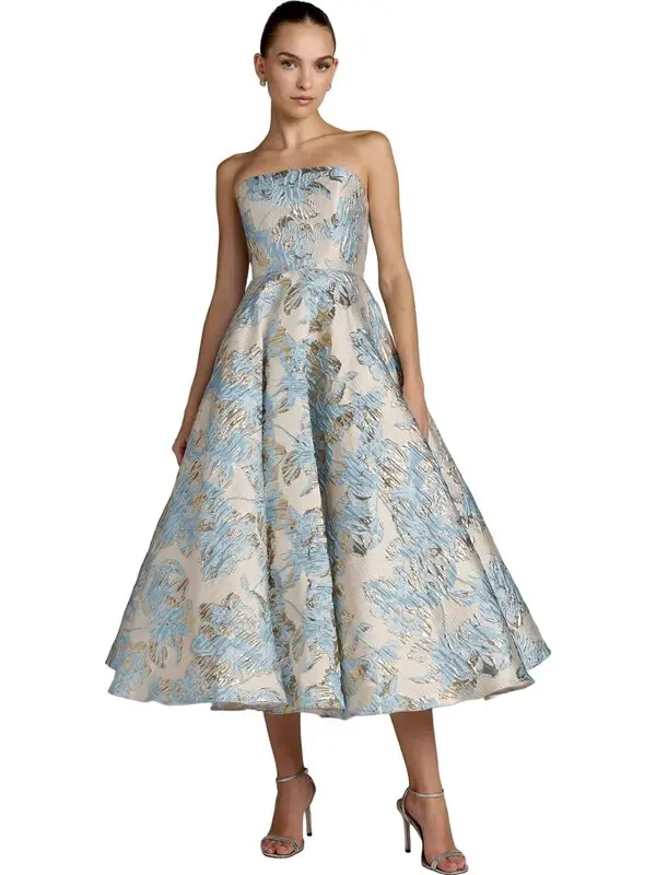 Mac Duggal Strapless Brocade A-line Midi Dress With Pockets - Powder Blue