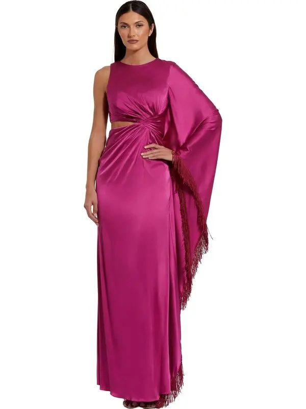 Mac Duggal Charmeuse Kaftan Sleeve Gown With Fringe - Magenta