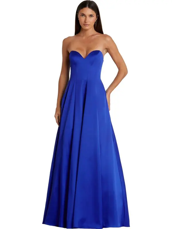 Mac Duggal Satin Strapless Ballgown With Bow Detailing - Blue