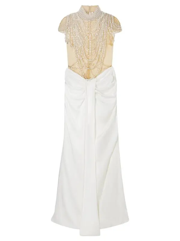 CLIO PEPPIATT Zsa Zsa Draped Embellished Mesh And Satin Gown - White
