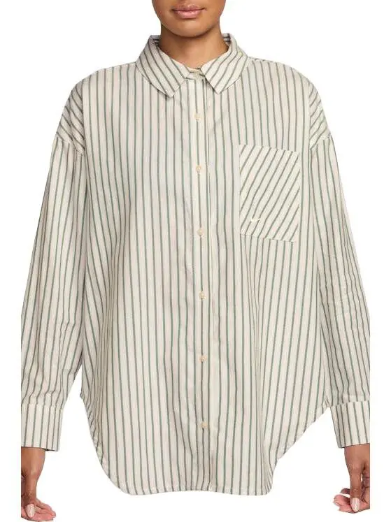 Nike Sportswear Oversize Stripe Cotton Button-up Shirt - Fir/light Orewood Brown