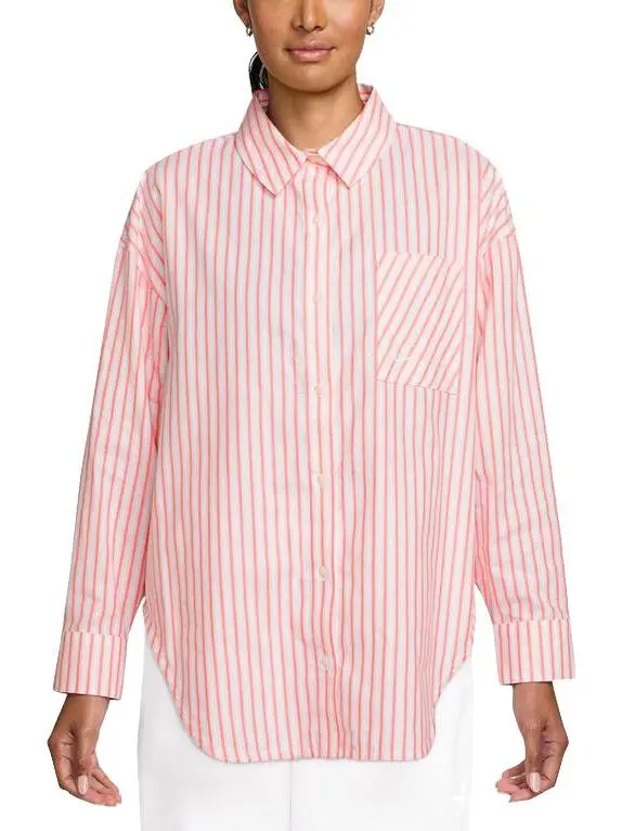Nike Sportswear Oversize Stripe Cotton Button-up Shirt - Sea Coral/light Bone