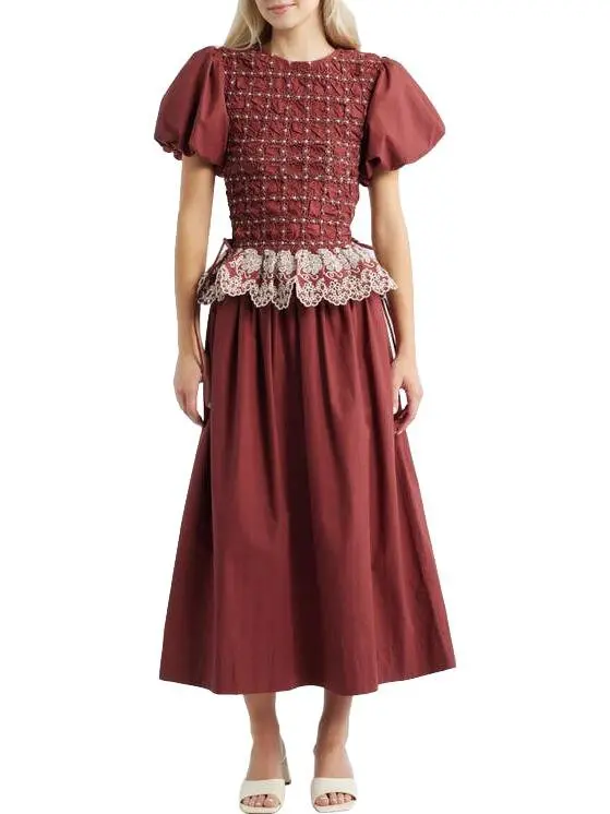 DAMSON MADDER Audrey Smocked Puff Sleeve Organic Cotton Midi Dress - Red