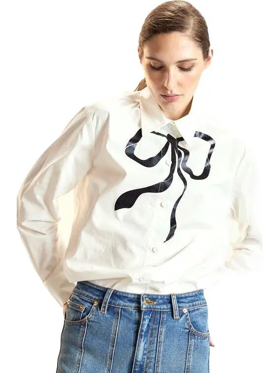 Cynthia Rowley Metallic Bow Cotton Shirt - White