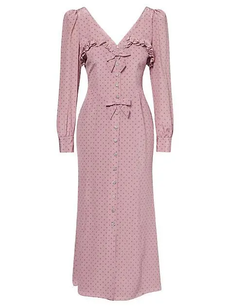Alessandra Rich Polka Dot Silk Midi Dress With Ruffles And Bows - Mauve Mauve