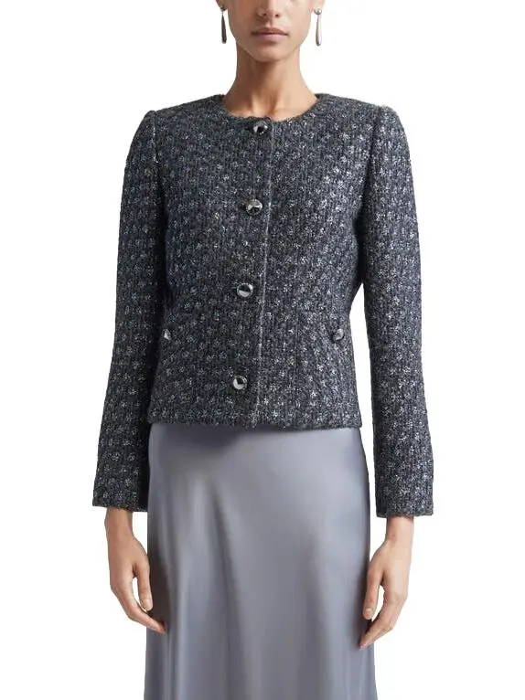 St. John Metallic Wool Blend Knit Jacket - Pewter Lurex Multi