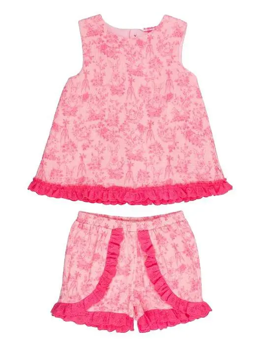RUFFLEBUTTS Cotton Gauze Swing Top And Short Set - Pink Bunny Stripe