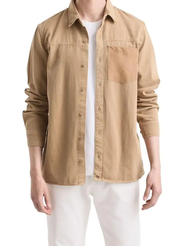 VELEZ Long-sleeve Cotton Overshirt With Leather Pocket - Beige