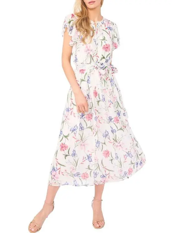 CECE DUPRAZ Floral Keyhole Neck Midi Dress - New Ivory
