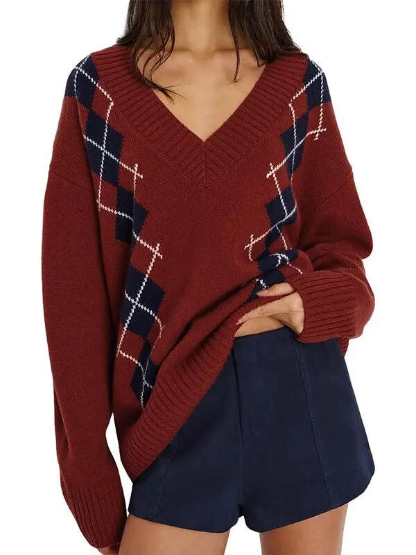 REFORMATION Cashmere & Wool Oversized V-neck Sweater - Chianti Multi Argyle