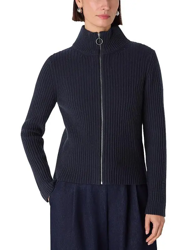 Whistles Zip Front Wool Cardigan Sweater - Navy