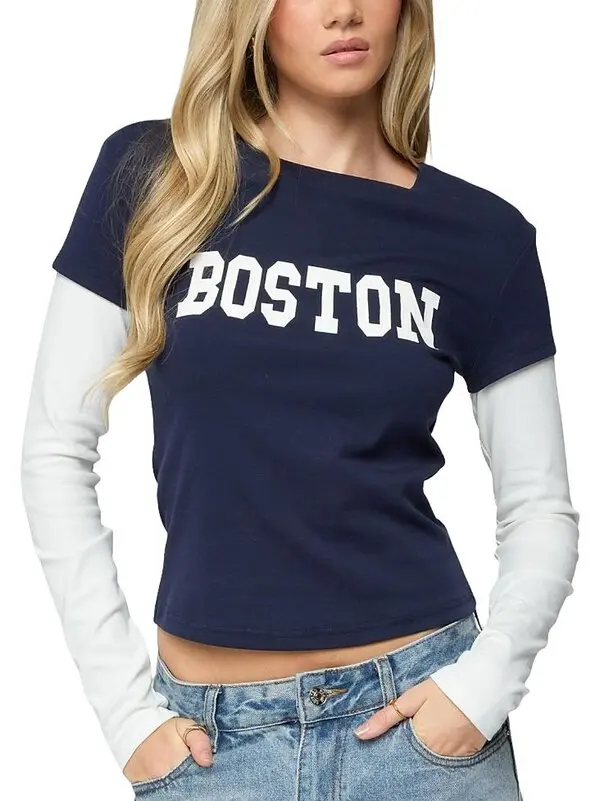 EDIKTED Boston Layered Long Sleeve T-shirt - Navy-and-cream