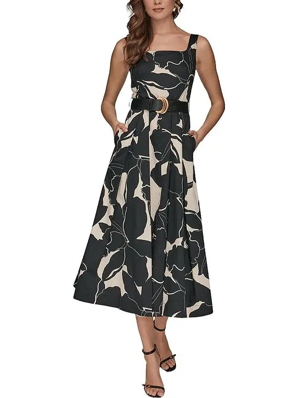 Donna Karan New York Sleeveless Belted Midi Dress - Balck/ Parchment