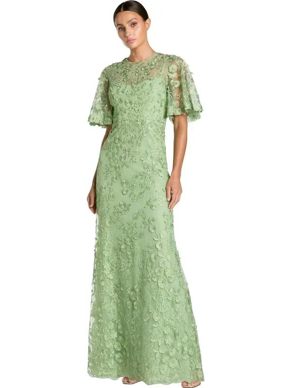 Mac Duggal Flutter Sleeve Floral Embroidered Net Gown - Green