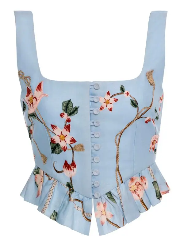 Agua Bendita Eslabón Navegante Cropped Linen Top - Blue