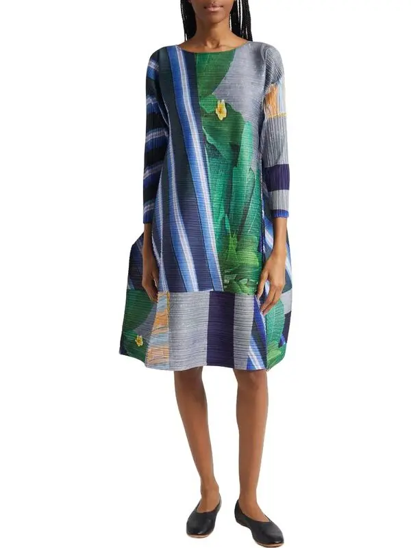 Issey Miyake City Collage Pleated Dress - Gray X Navy
