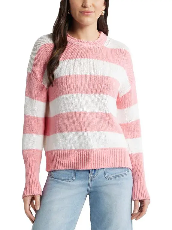 Caslon Stripe Roll Neck Cotton Sweater - Pink Dianthus- White Stripe