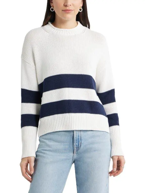 Caslon Stripe Roll Neck Cotton Sweater - White- Navy Placed Stripe