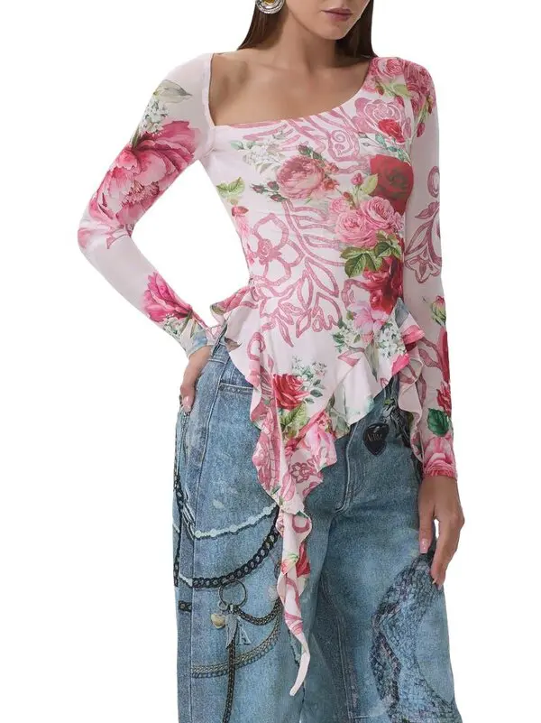 AFRM Doris Ruffle Asymmetric Mesh Top - Wing Rose