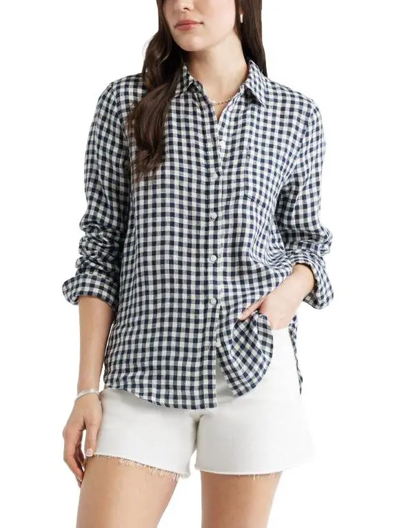 Caslon Casual Linen Button-up Shirt - Navy Still- Ivory Bea Gingham