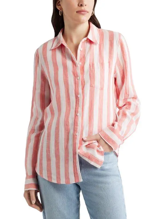 Caslon Casual Linen Button-up Shirt - Pink- Coral Cabana Stripe