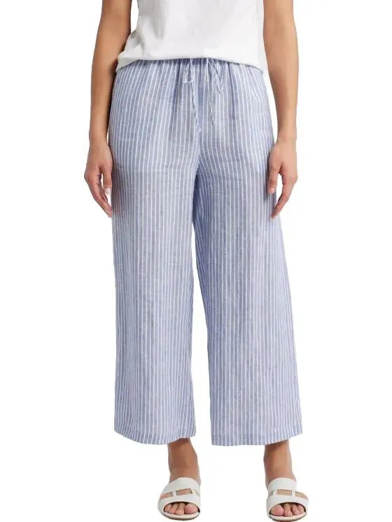 Caslon Wide-leg Linen Crop Pants - Blue- Ivory Penny Stripe