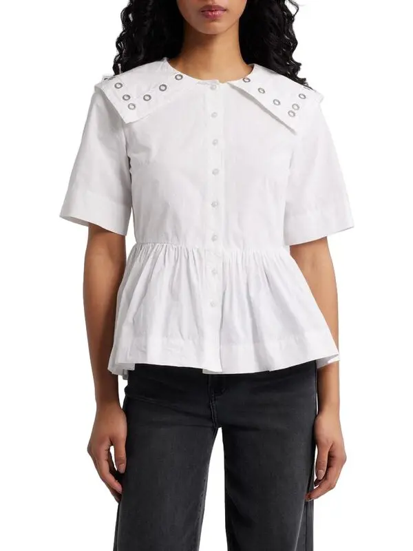 DAMSON MADDER Cyrus Grommet Collar Button-up Peplum Top - White