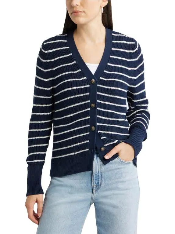 Caslon Shaker Stitch V-neck Pima Cotton Cardigan - Navy Still- Ivory Jana Stripe