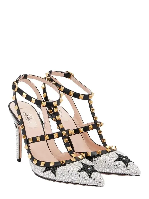 Valentino Garavani Rockstud 100 Embellished Leather Pumps - Black