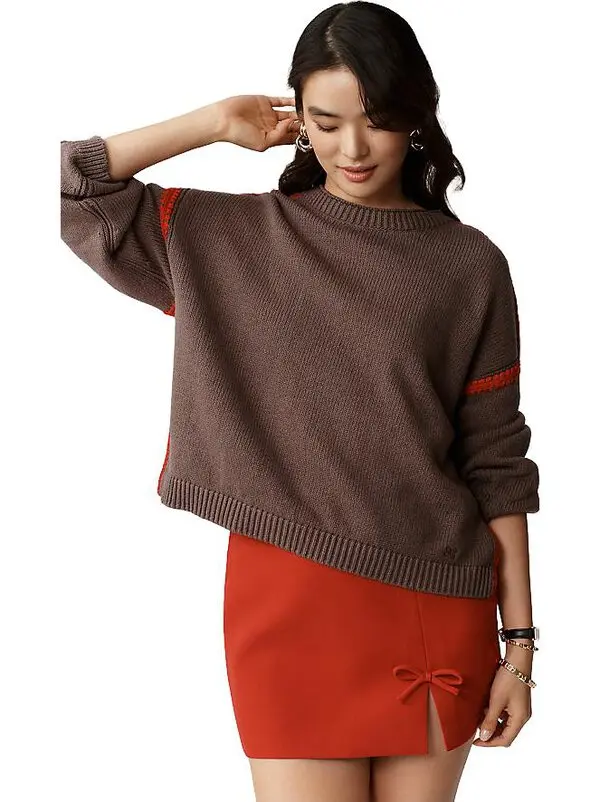 Maeve Long-sleeve Crew-neck Whipstitch Sweater - Brown