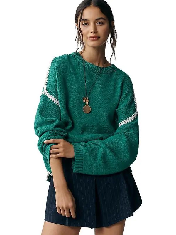 Maeve Long-sleeve Crew-neck Whipstitch Sweater - Green