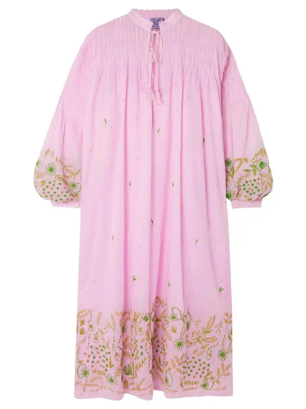 Thierry Colson Guise Tasseled Pintucked Embroidered Cotton-voile Midi Dress - Pink