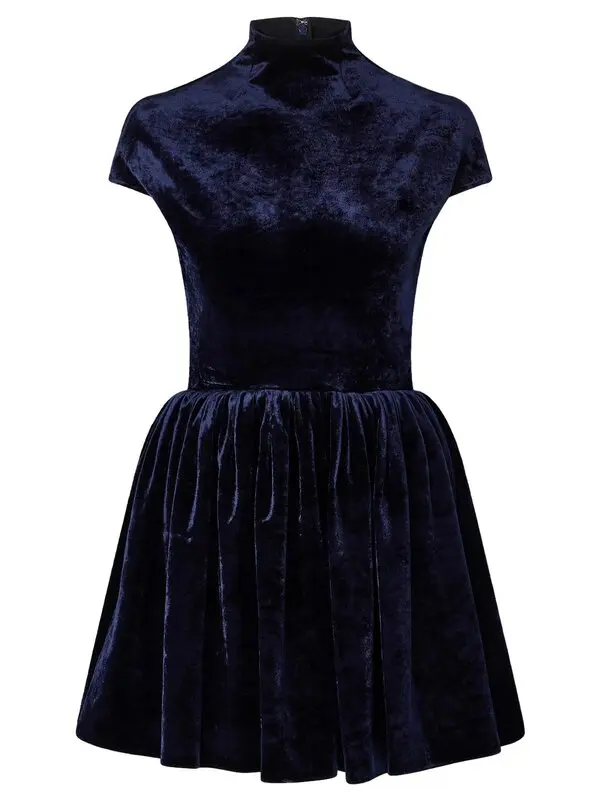 Alaïa Pleated Velvet Turtleneck Mini Dress - Navy