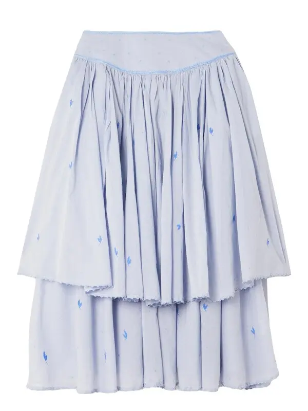 Thierry Colson Constance Gathered Tiered Embroidered Cotton-voile Midi Skirt - Blue