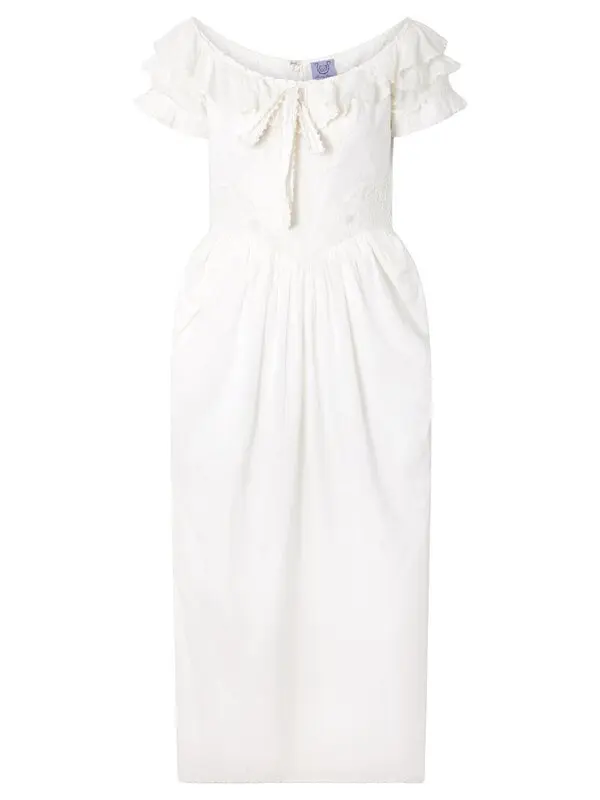 Thierry Colson Falbala Off-the-shoulder Embroidered Midi Dress - White