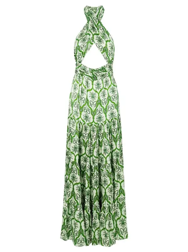 CRISTIANO MARCHELI Nina Cutout Printed Silk-blend Satin Maxi Dress - Green