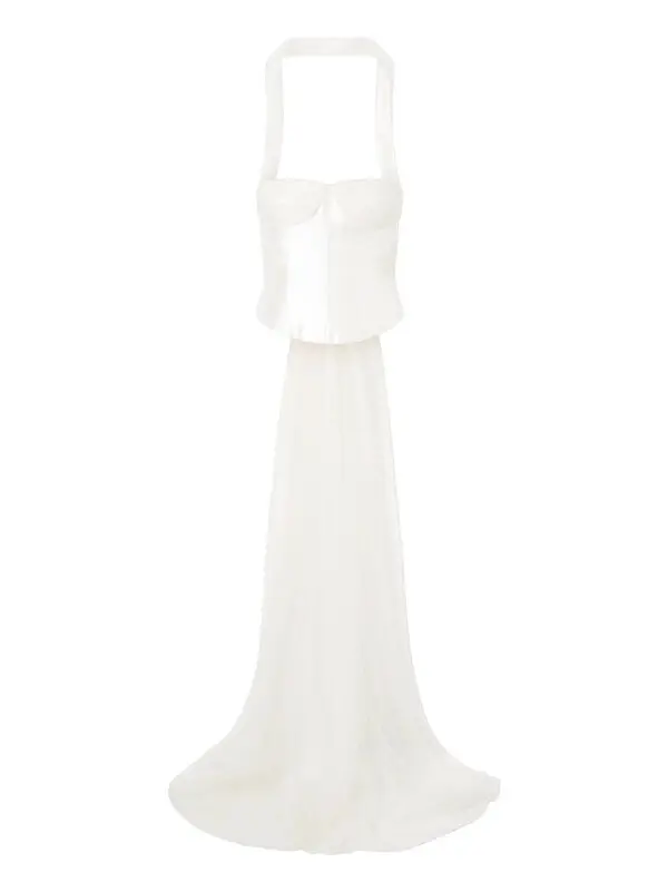 DANIELLE FRANKEL Viola Gathered Draped Tulle-trimmed Wool And Silk-blend Twill Top - Neutrals