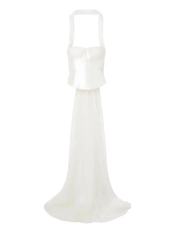DANIELLE FRANKEL Viola Gathered Draped Tulle-trimmed Wool And Silk-blend Twill Top - Off-white