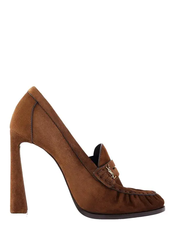 Saint Laurent Le Loafer Embellished Suede Pumps - Brown