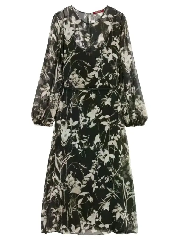 Max Mara Floral Belted Midi Dress - Black