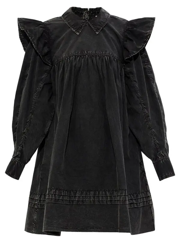GANNI Ruffled Cotton Dress - Black