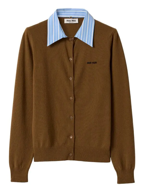 Miu Miu Cashmere Collared Logo Cardigan - Brown