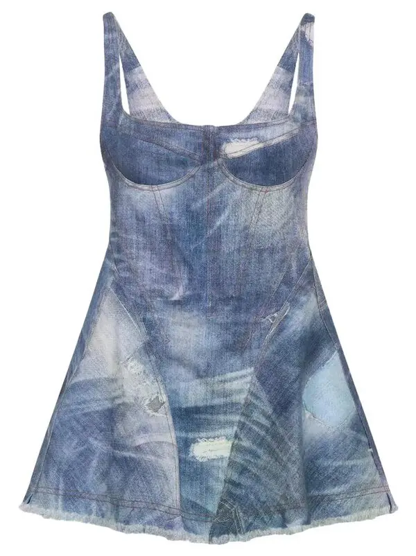 Roberto Cavalli Frayed Cotton Mini Dress - Blue