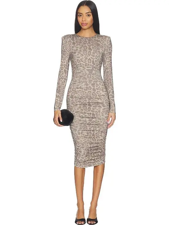 L'Agence Paityn Long Sleeve Shirred Dress - Grey Multi Patch Leopard