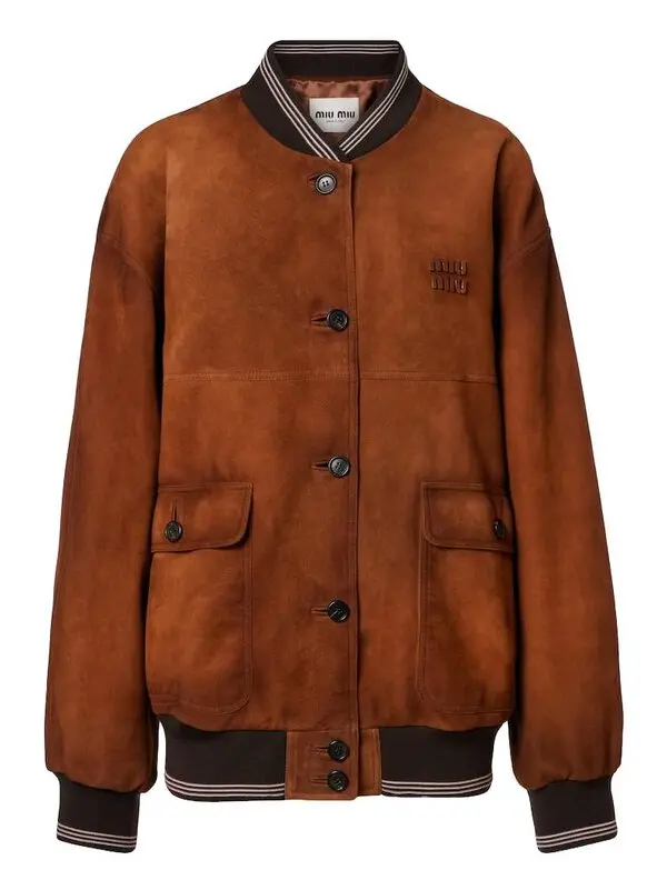 Miu Miu Logo Suede Blouson Jacket - Brown